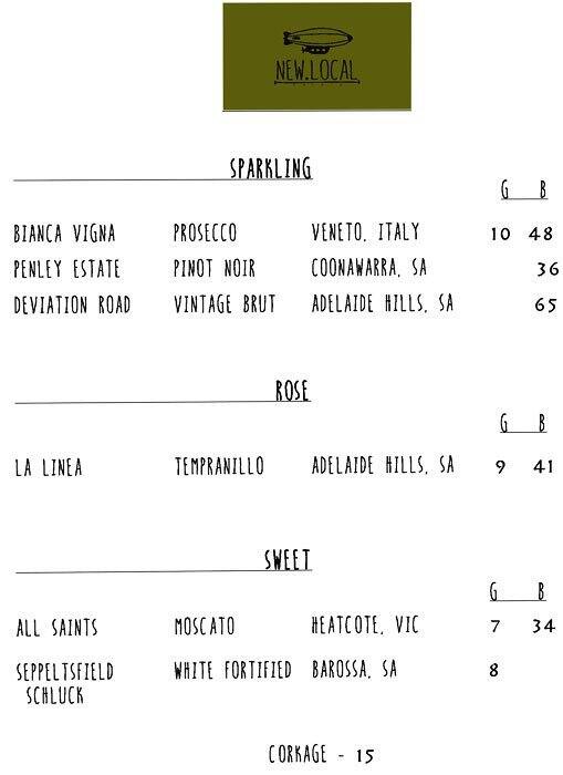 Menu at New Local Eatery restaurant, Hindmarsh