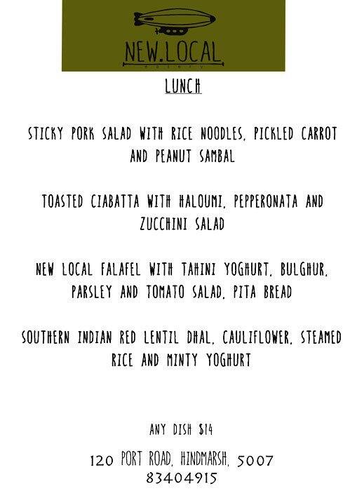 Menu at New Local Eatery restaurant, Hindmarsh