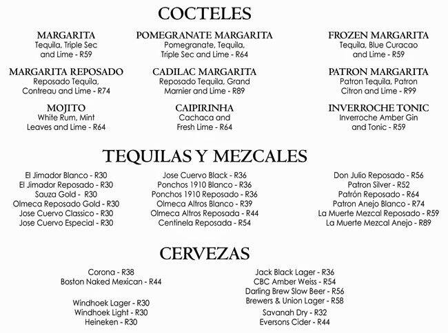Menu at Del Mar Camps Bay restaurant, Cape Town