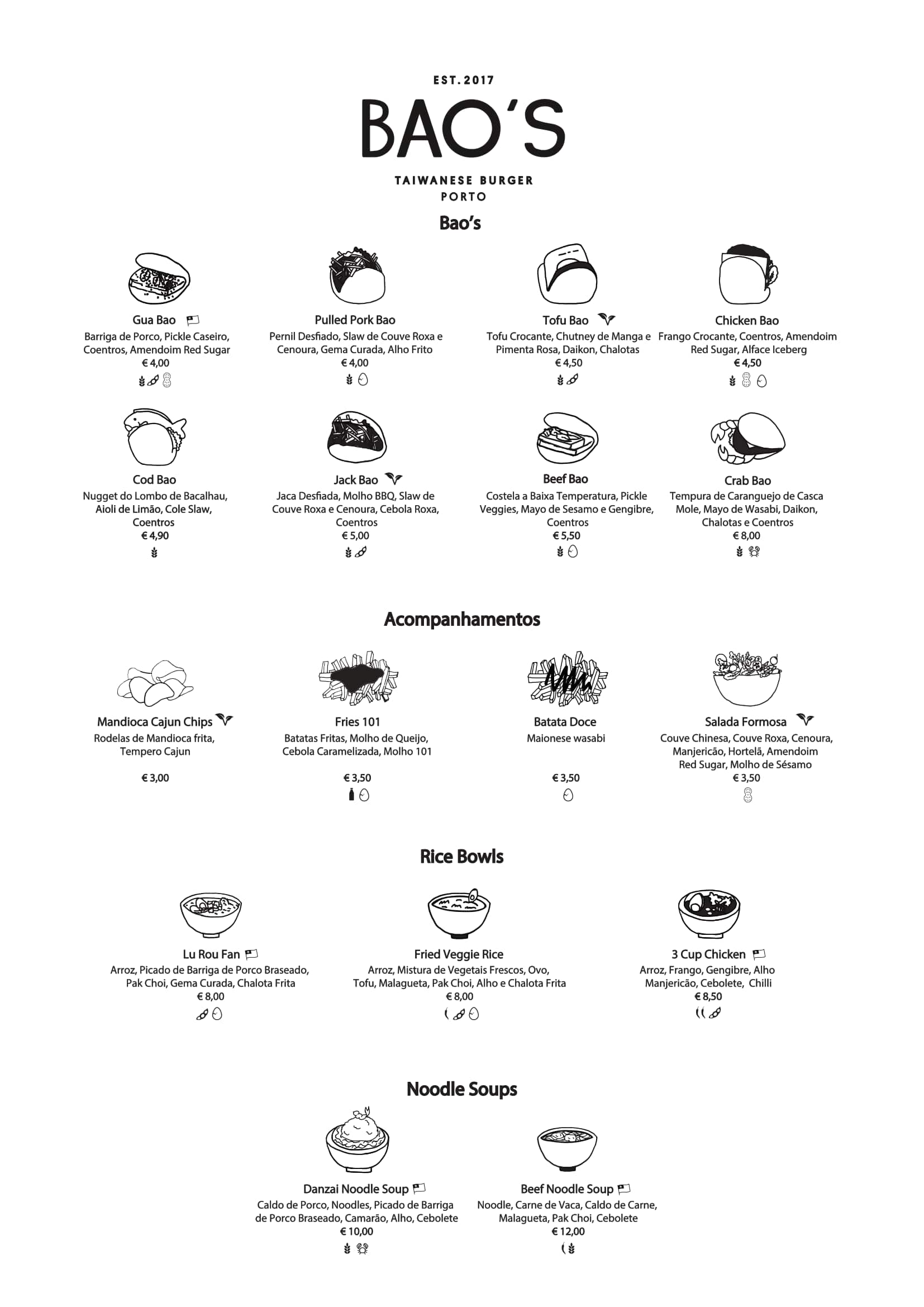 Menu em Bao's Taiwanese Burger restaurante, Porto