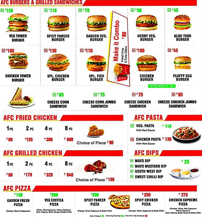 Menu of AFC Restaurant, Kawwa Bagh Colony, Gorakhpur