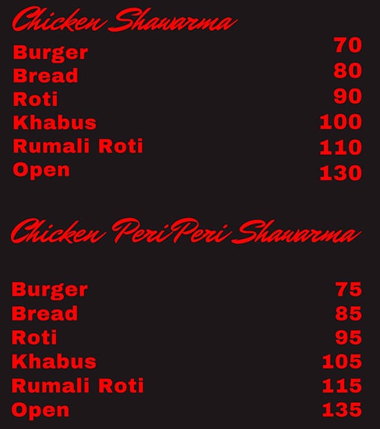 Menu of The House Of Shawarma, Parel, Mumbai