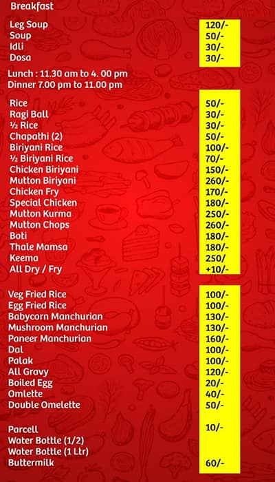 Menu of Hotel Chandru - Nimma Mane Oota, Seshadripuram, Bangalore