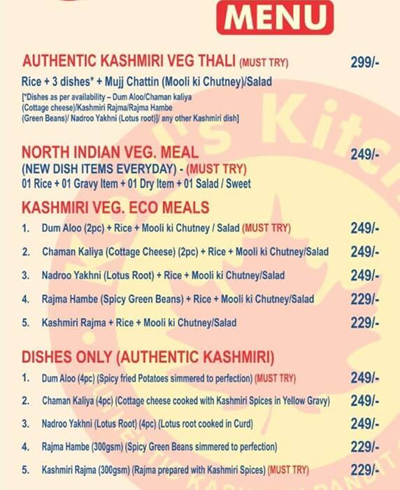 Menu of Koul's Kitchen, Safdarjung, New Delhi