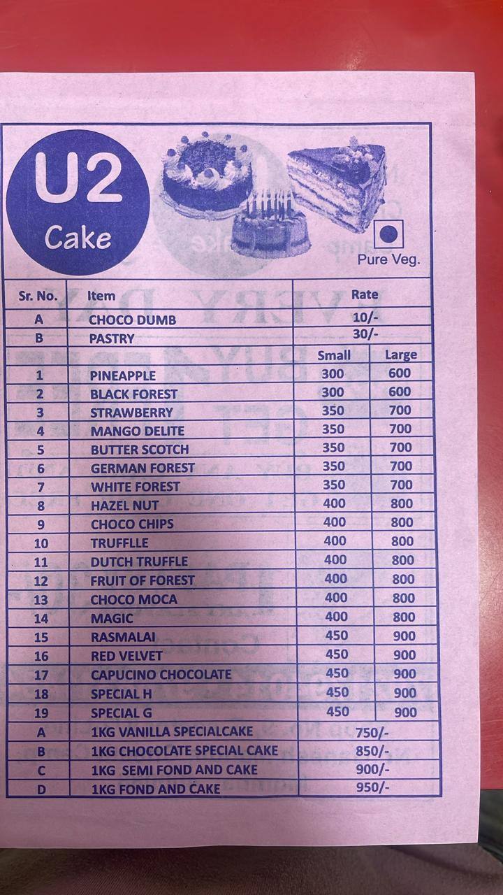 Menu of U2 Cake, Trombay, Mumbai