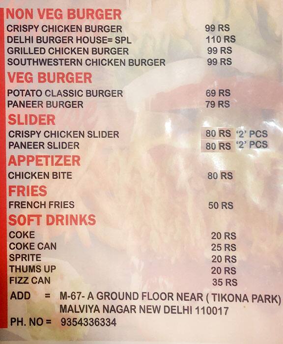 Menu of Delhi Burger House, Malviya Nagar, New Delhi