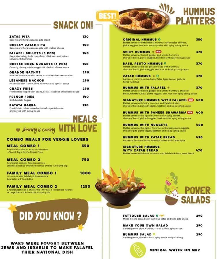 Menu of Falafel's, Sion, Mumbai