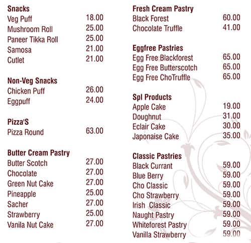 Menu at Adyar Bakery, Chennai, 99, Lakshmanaswamy Salai
