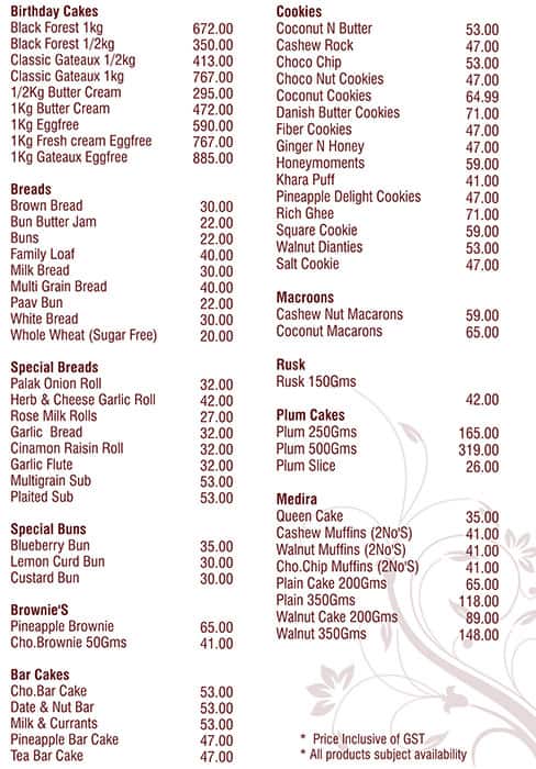 Menu at Adyar Bakery, Chennai, 99, Lakshmanaswamy Salai