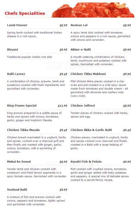 Menu at Akbar's Birmingham, Birmingham, 184 Hagley Rd