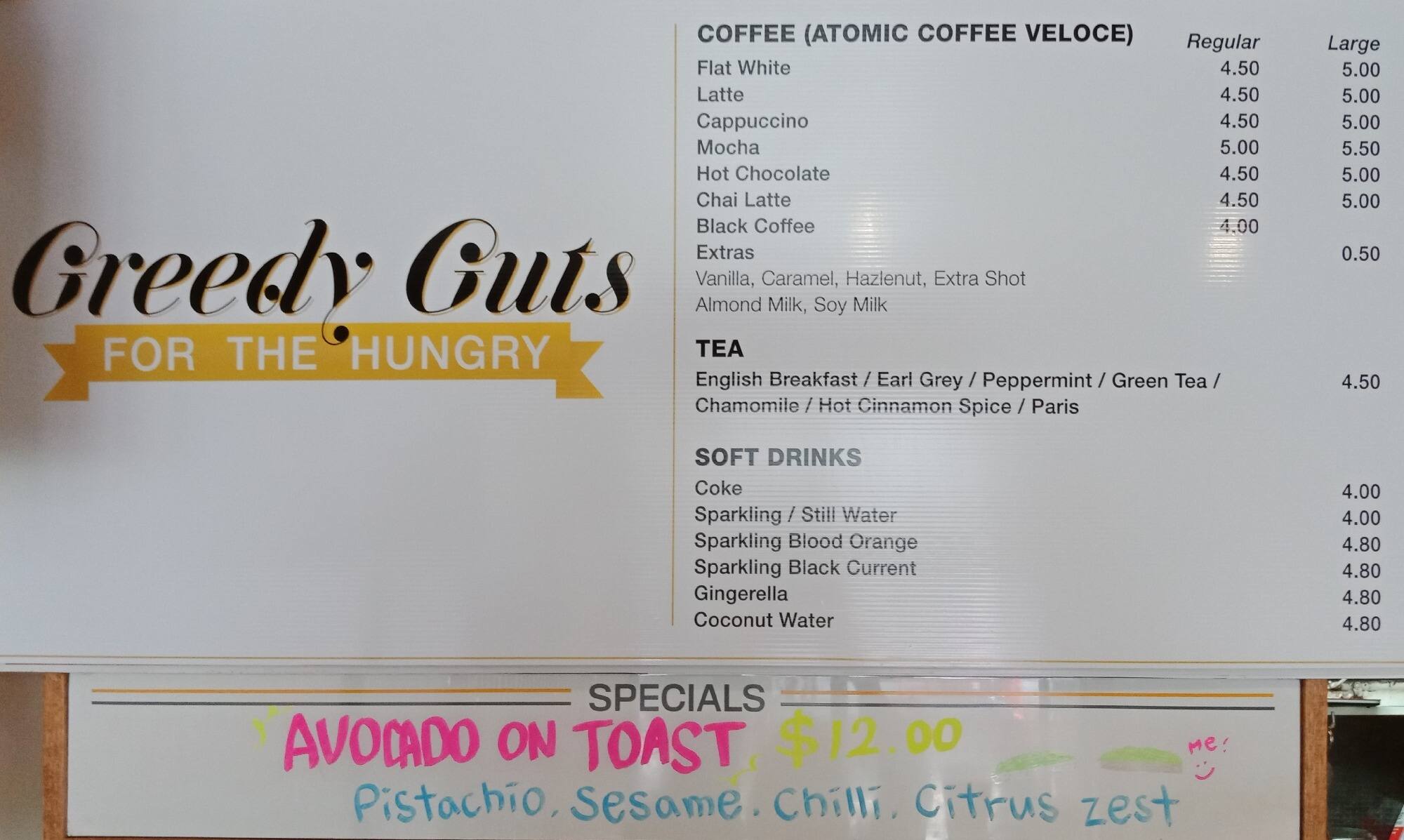 Menu at Greedy Guts Cafe, Auckland