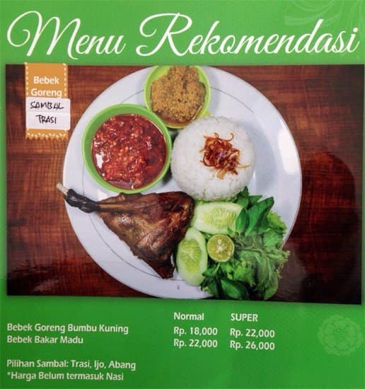 Menu at Bebek Suroboyo restaurant, East Jakarta, Jalan Wijaya Kusuma ...