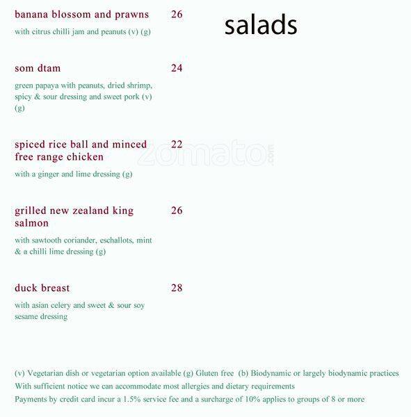 Menu at Sailors Thai restaurant, The Rocks, 106 George St