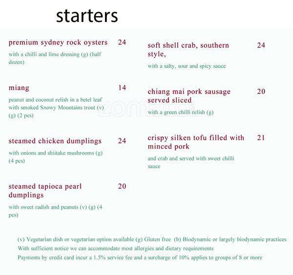 Menu at Sailors Thai restaurant, The Rocks, 106 George St