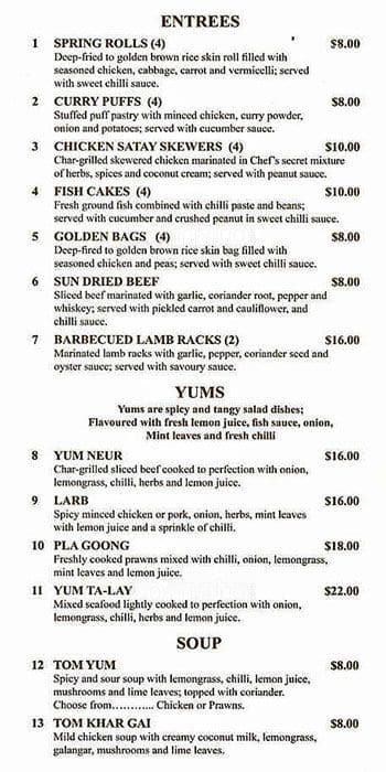 Menu at King & I restaurant, Guildford