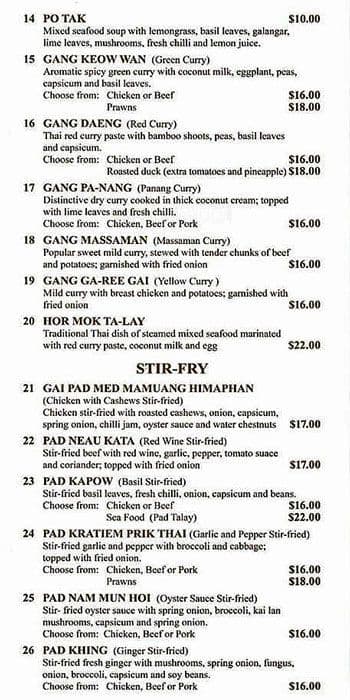 Menu at King & I restaurant, Guildford