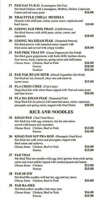 Menu at King & I restaurant, Guildford