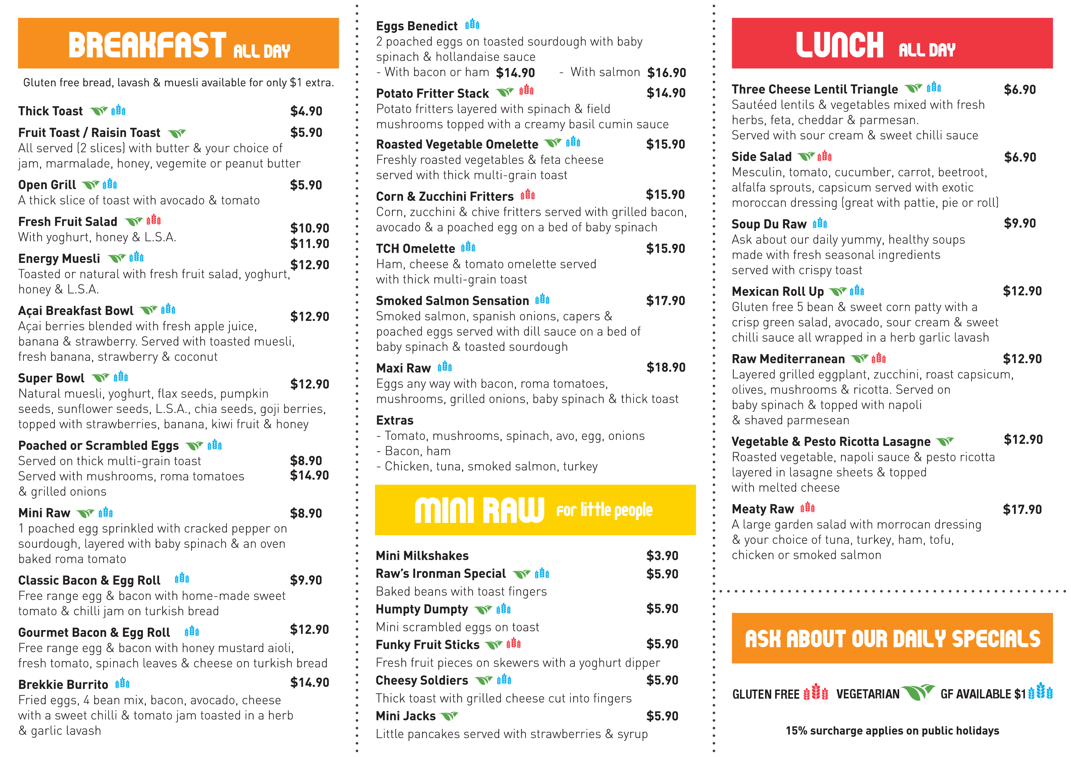 Menu at Raw Energy Coolum cafe, Coolum Beach, 16/1776 David Low Way