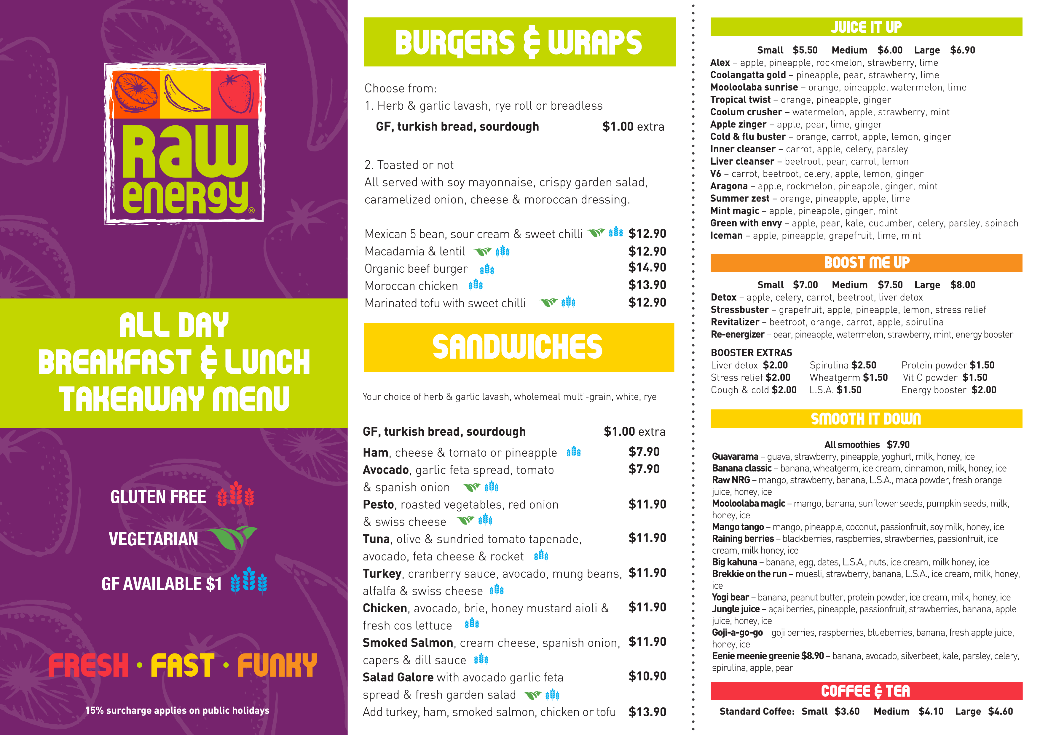 Menu at Raw Energy Coolum cafe, Coolum Beach, 16/1776 David Low Way