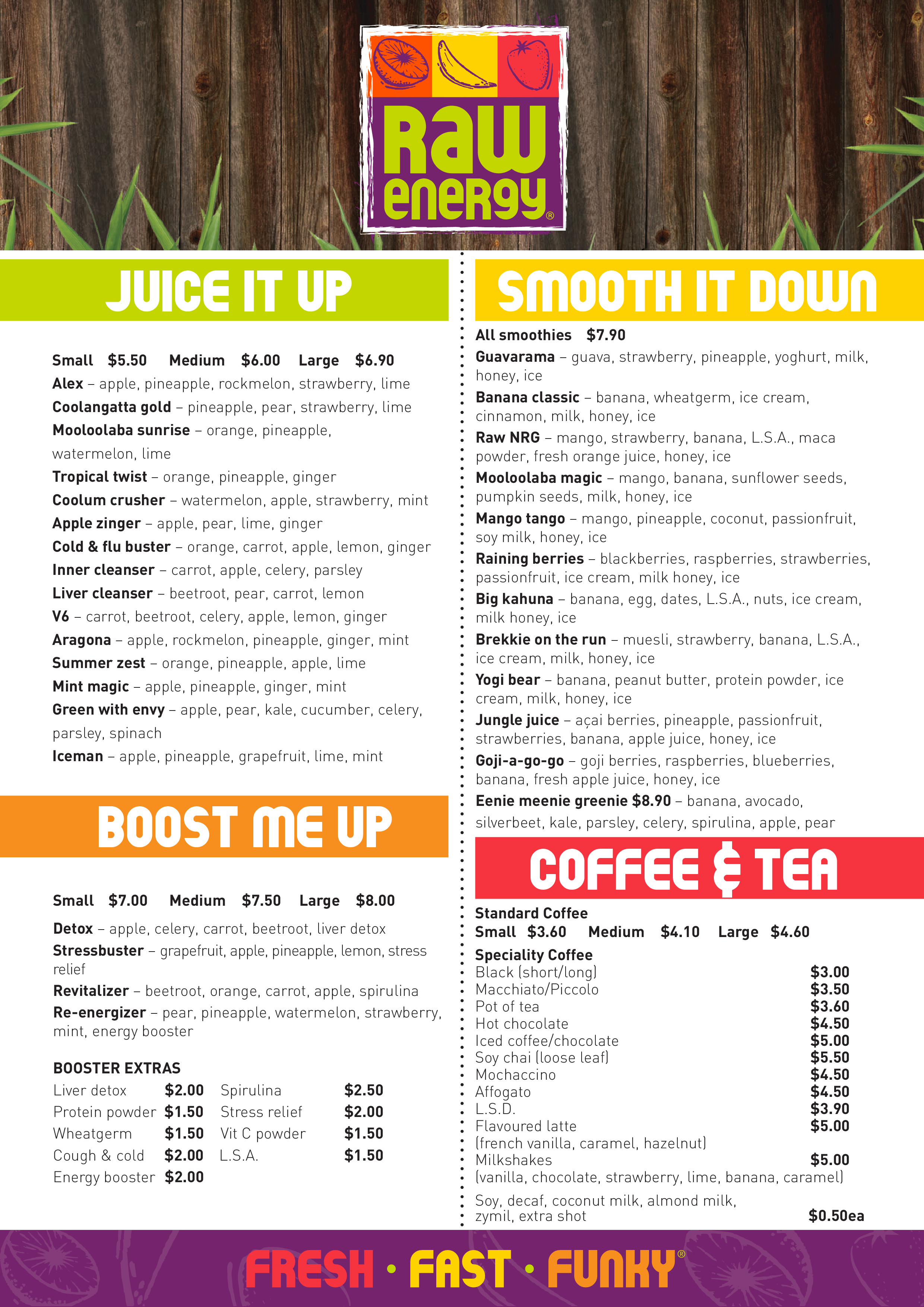 Menu at Raw Energy Coolum cafe, Coolum Beach, 16/1776 David Low Way