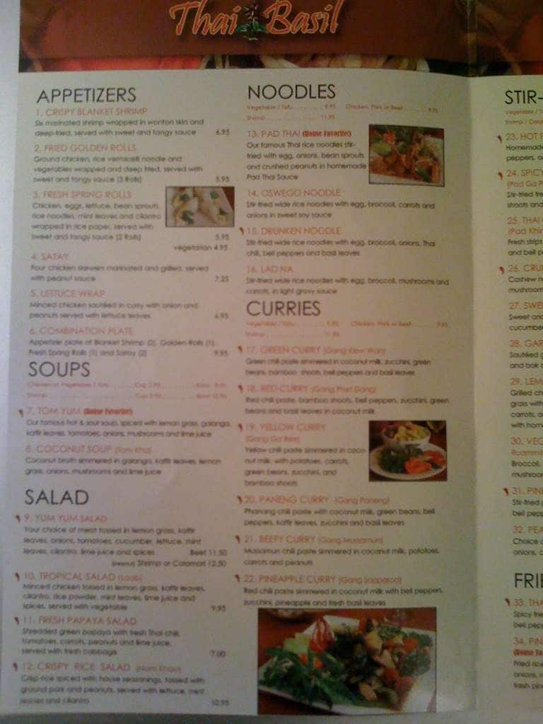 Menu at Thai Basil restaurant, Lake Oswego