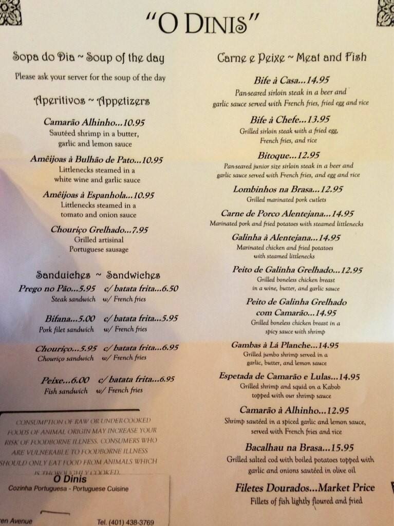 Menu at O Dinis restaurant, East Providence
