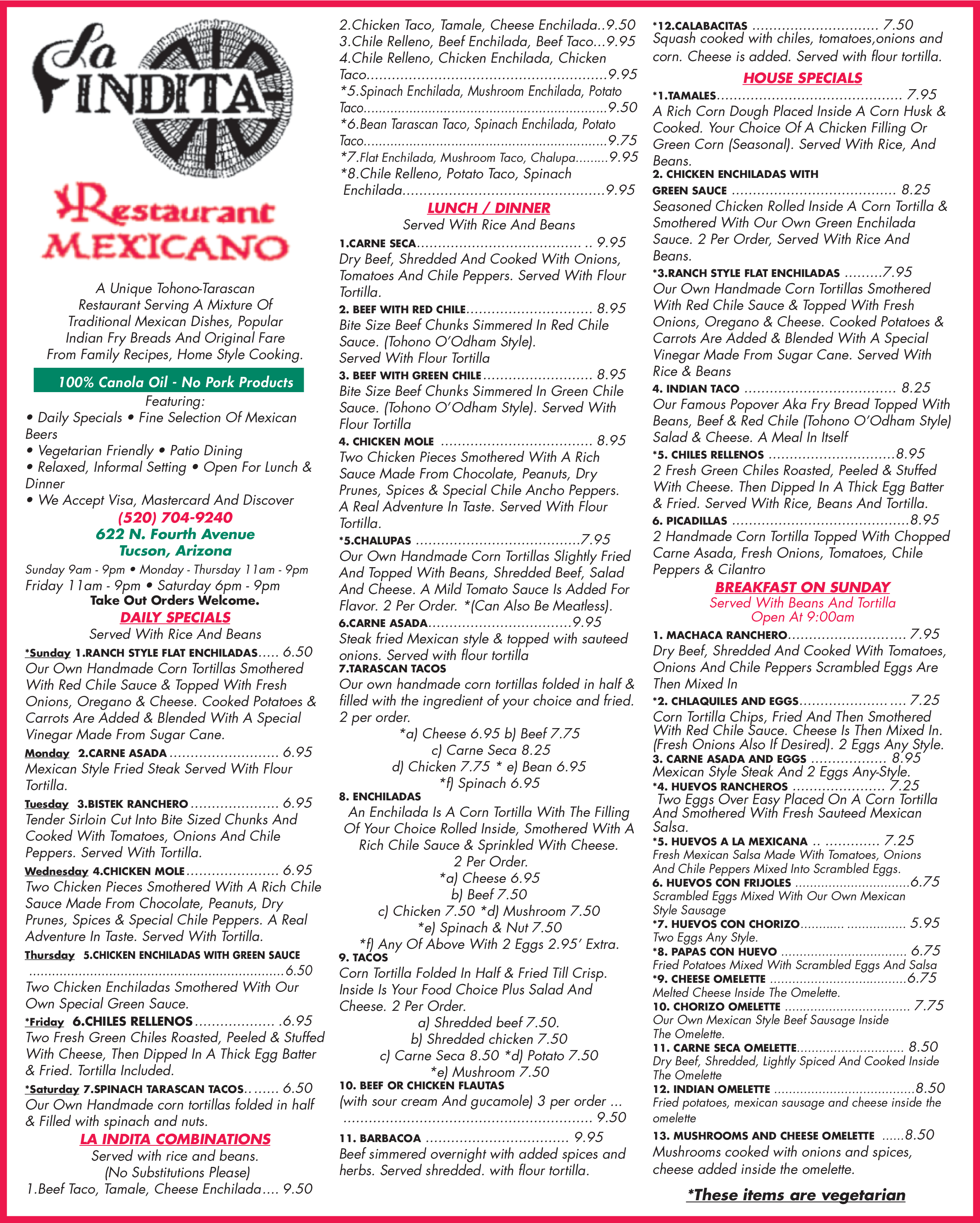 Menu at La Indita restaurant, Tucson