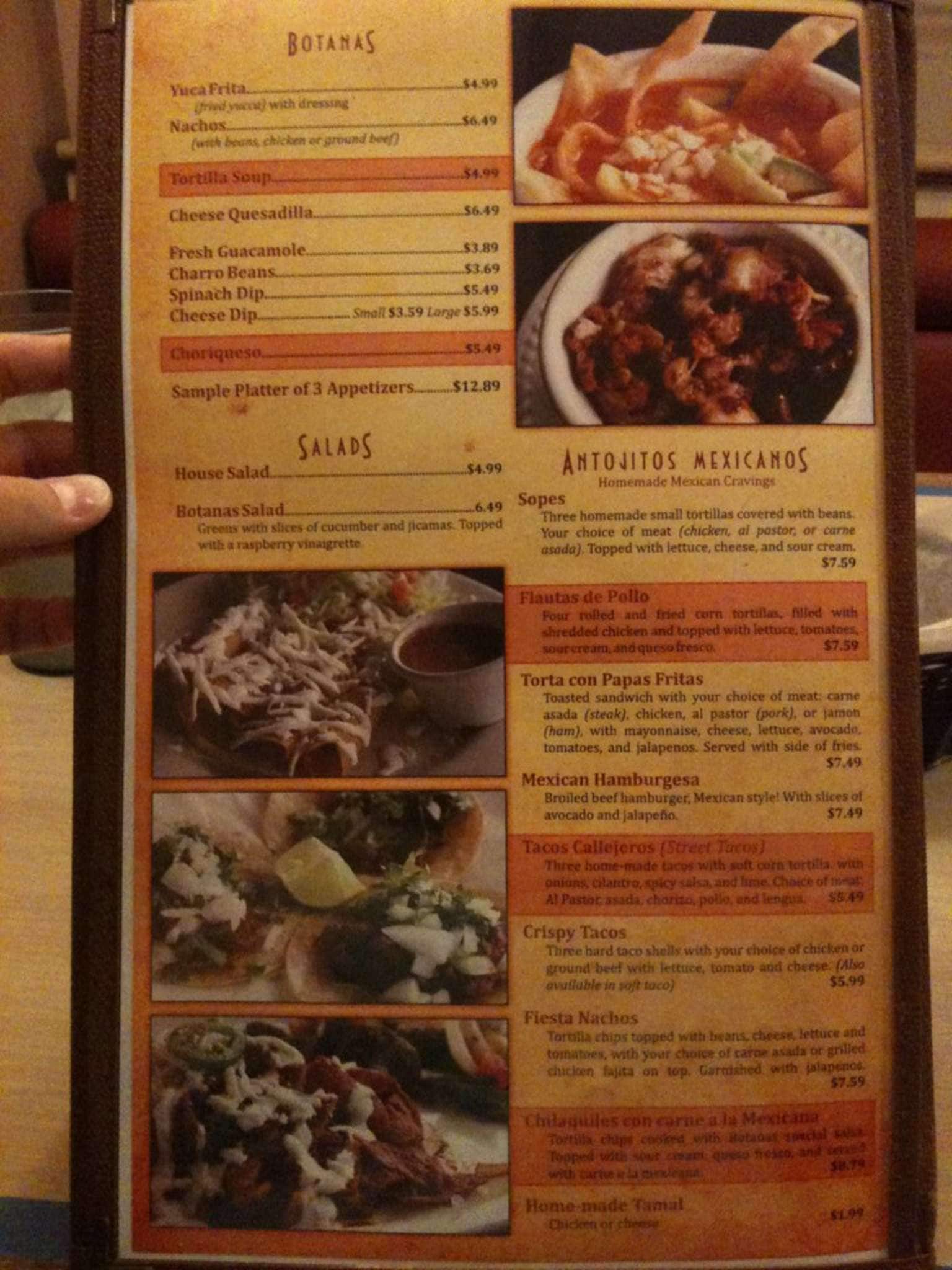 Menu at Botanas Premier Mexican restaurant, Branson