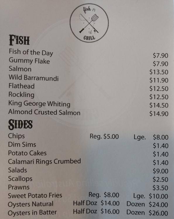 Menu at Fish 'N' Grill restaurant, Toorak