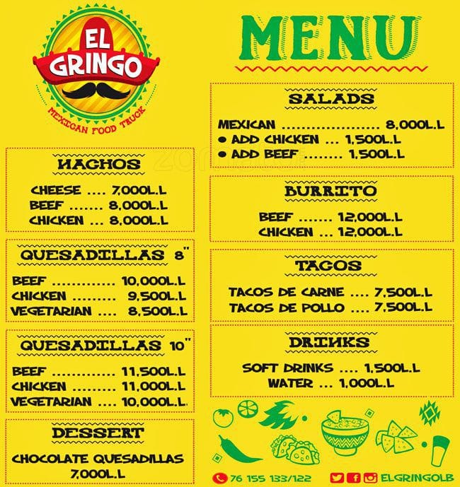 El Gringo Menu,Menú para El Gringo, Jbeil, Jbeil District - Zomato Líbano