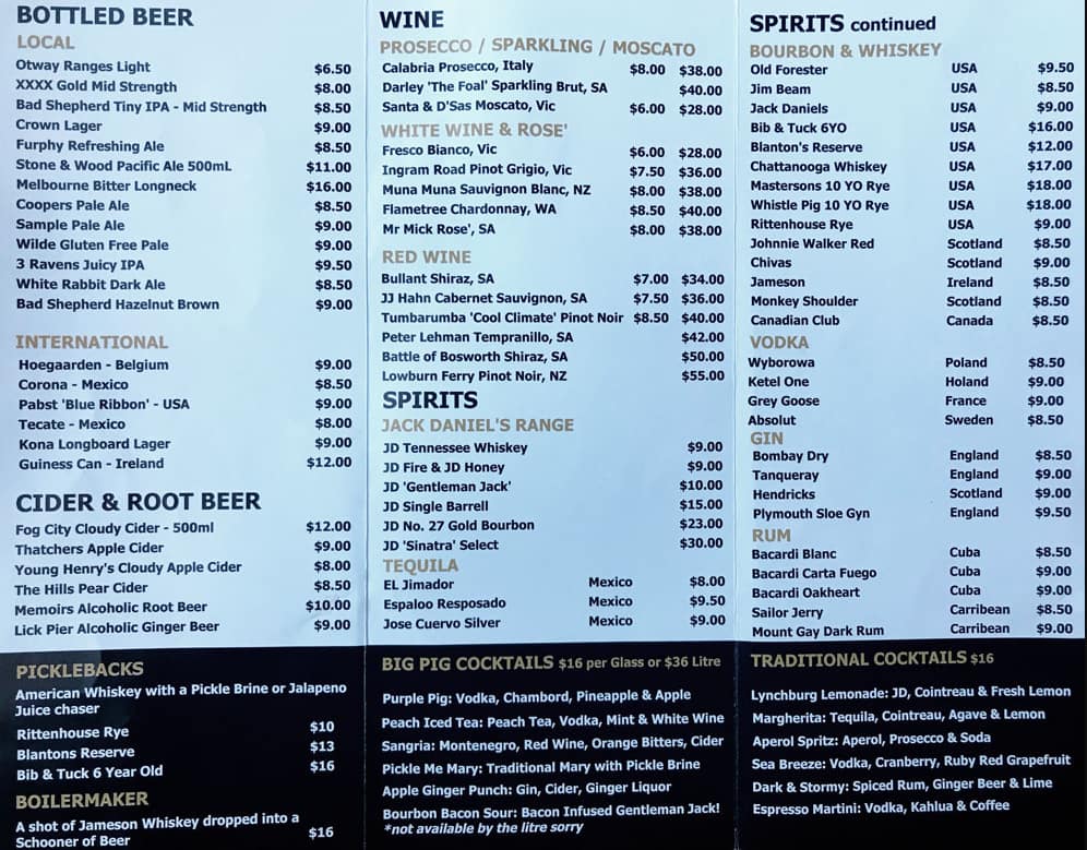 Menu at Big Pig Little Pig restaurant, Moorabbin