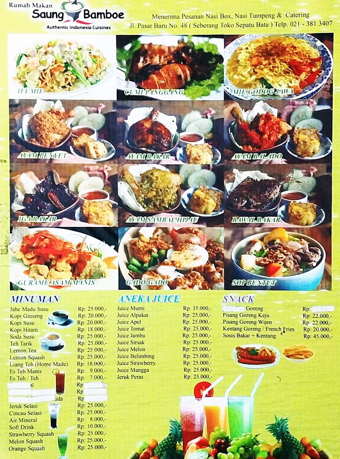 Menu at Saung Bamboe restaurant, Jakarta, Jl. Ps. Baru No.48