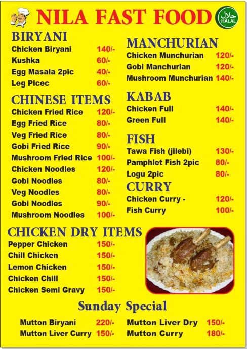 Menu of Nila Fast Food, Marathahalli, Bangalore