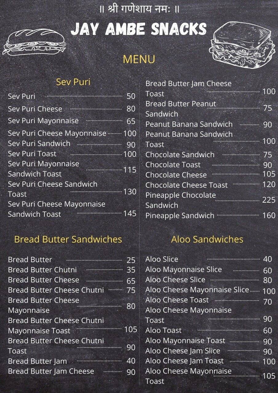 Menu of Jai Ambe Snacks, Malad East, Mumbai