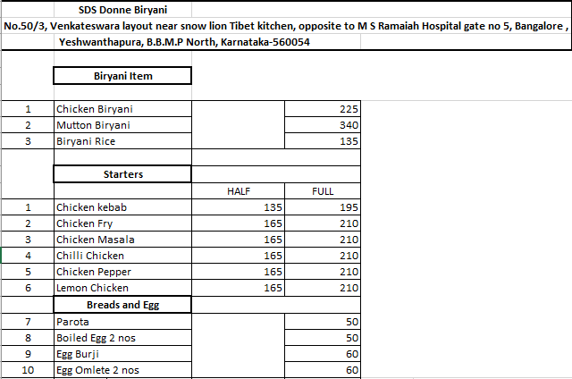 Menu of SDS Biryani, Sanjay Nagar, Bangalore