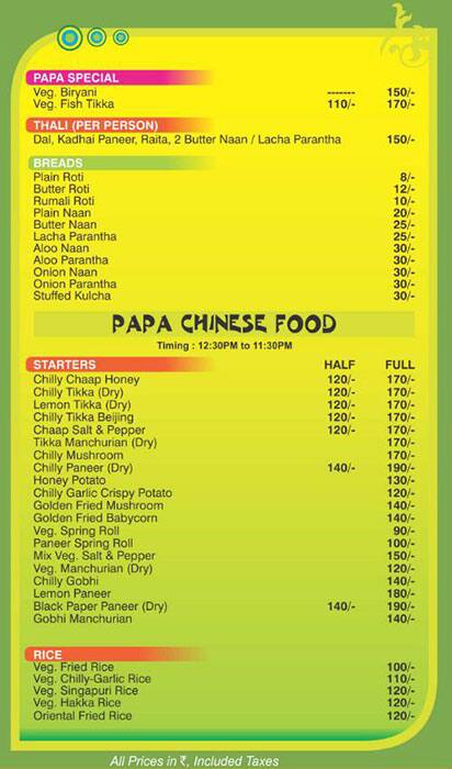 Menu at Papa Chinese Veg Food, New Delhi