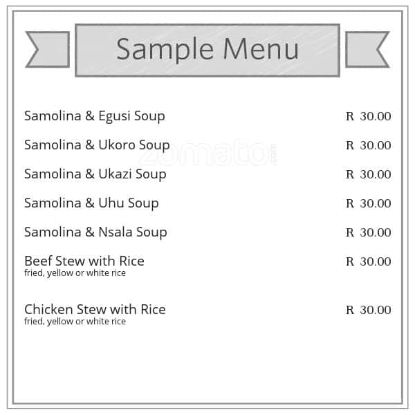 Menu at Pure Grace restaurant, Johannesburg