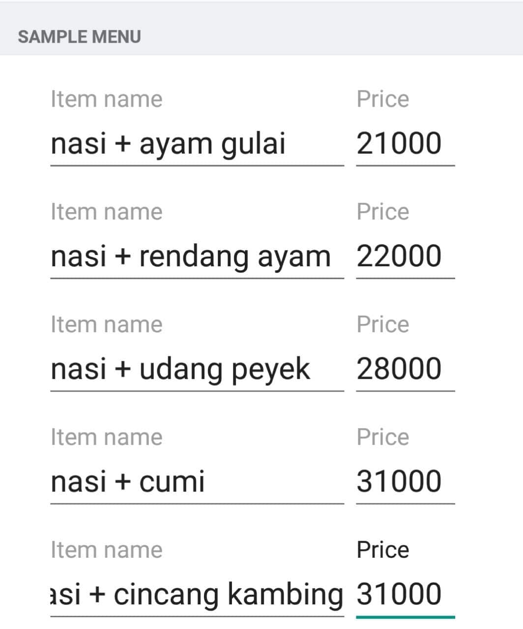 Menu at RM. Padang Raya (Asa Mulo) restaurant, North Jakarta, RWJ2+664