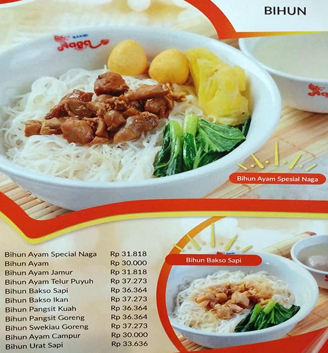 Menu at Bakmi Naga restaurant, Jakarta, Impian Jaya Ancol