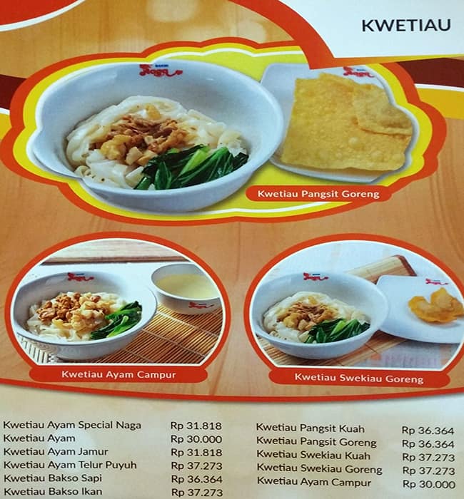 Menu at Bakmi Naga restaurant, Jakarta, Impian Jaya Ancol