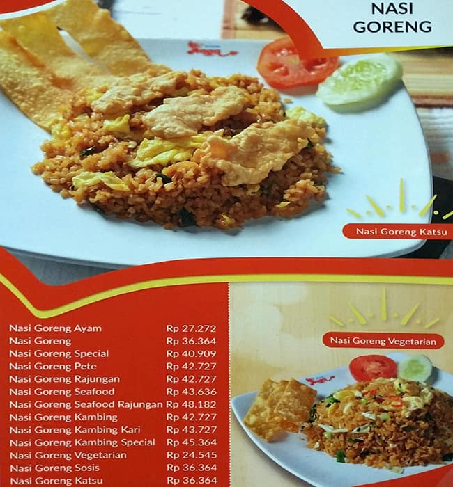 Menu at Bakmi Naga restaurant, Jakarta, Impian Jaya Ancol