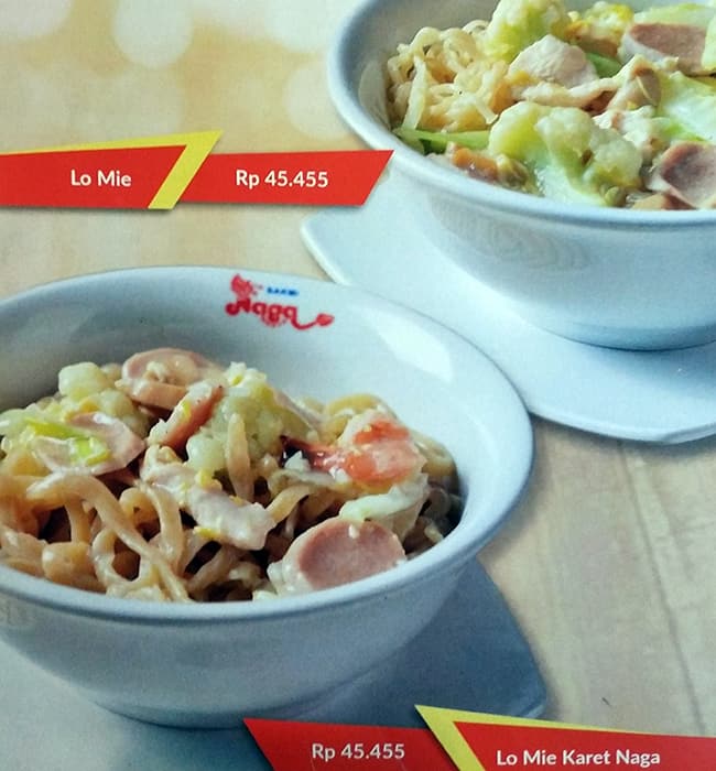 Menu at Bakmi Naga restaurant, Jakarta, Impian Jaya Ancol