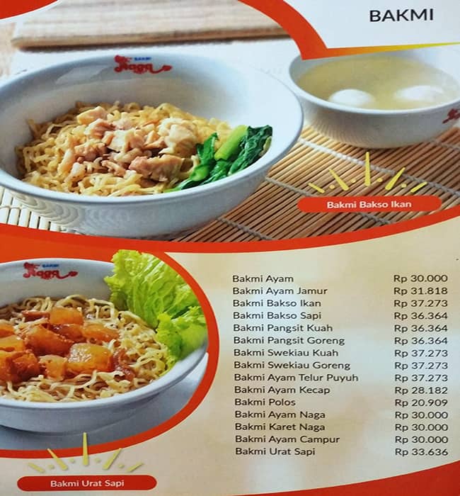 Menu at Bakmi Naga restaurant, Jakarta, Impian Jaya Ancol