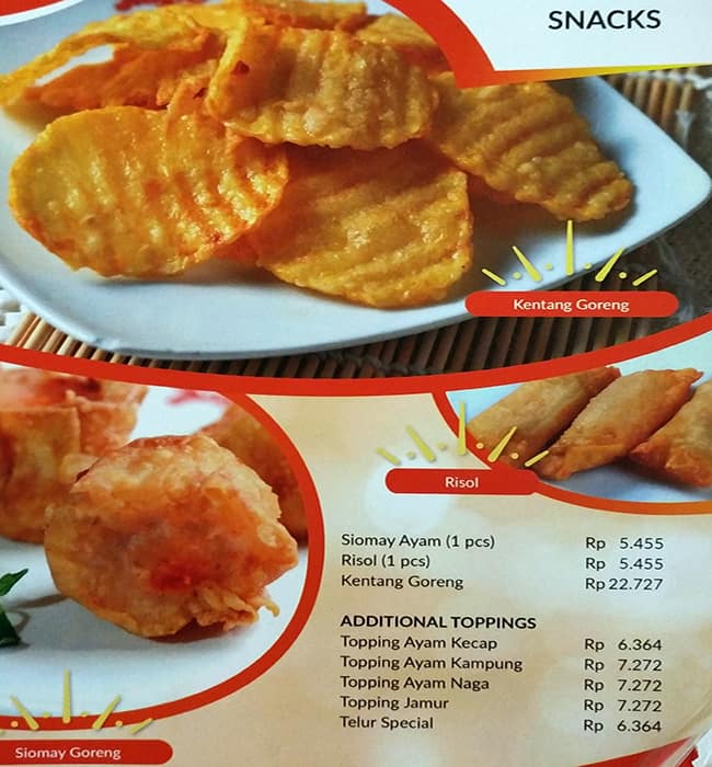Menu at Bakmi Naga restaurant, Jakarta, Impian Jaya Ancol