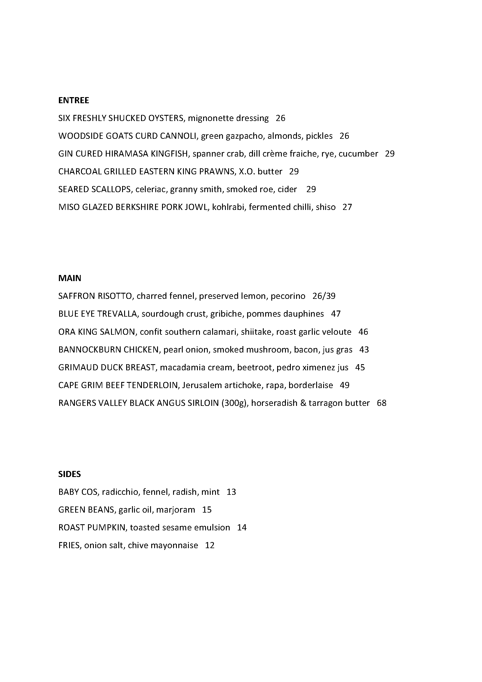 Menu at Sails on Lavender Bay restaurant, McMahons Point