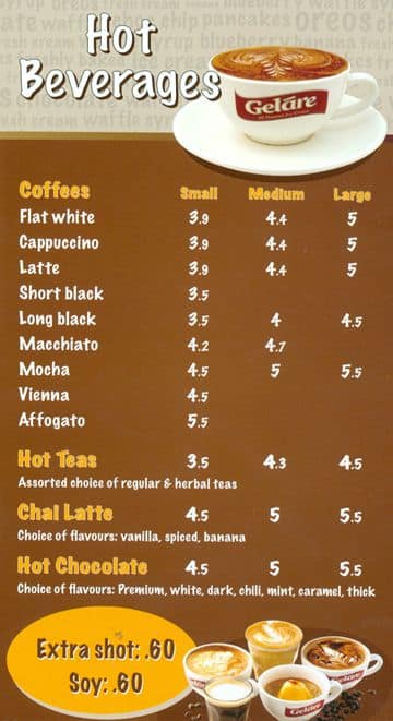 Menu at Gelare desserts, Narre Warren