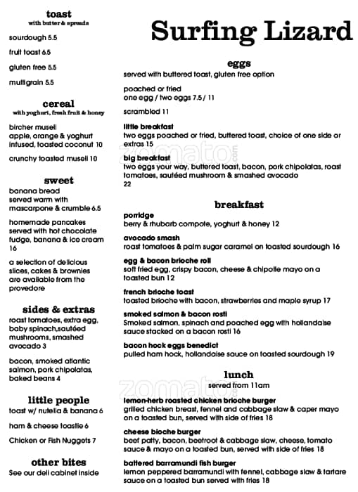 Menu at Surfing Lizard Cafe, Coogee