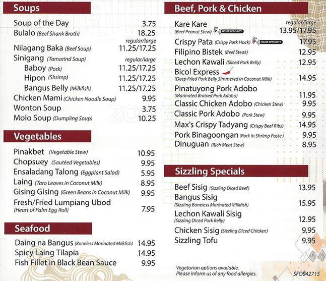 Menu at Max's Restaurant, South San Francisco