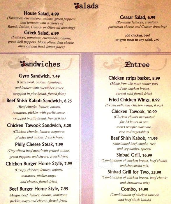 Menu at Sinbad Cafe & Grill, Houston