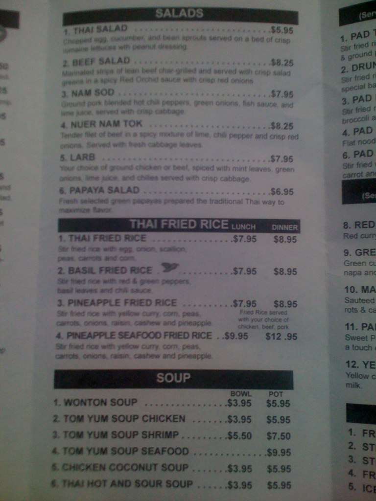 Menu at Red orchid thai restaurant, McDonough